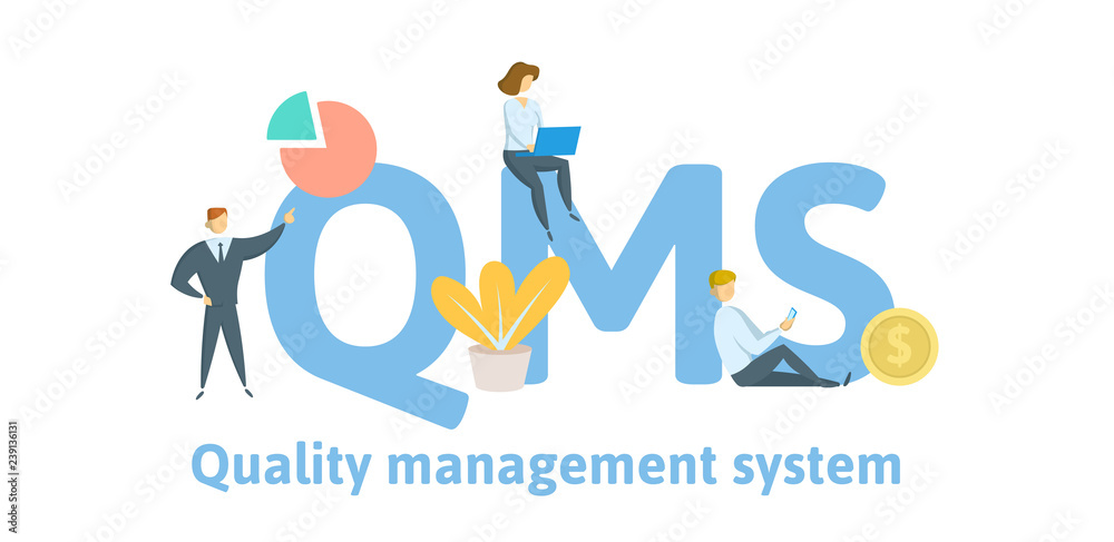 QMS, quality management system. Concept with keywords, letters, and icons. Colored flat vector ...