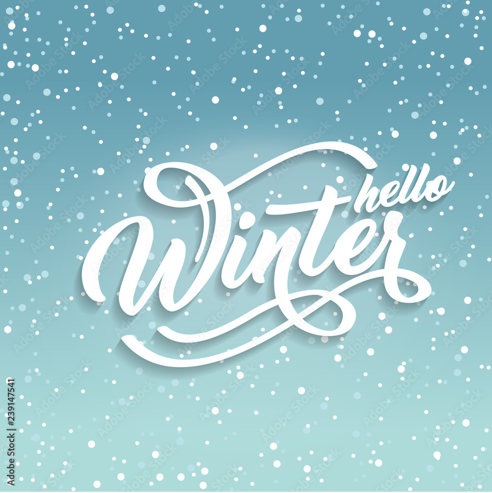 Hello Winter handlettering inscription. White text on green blue ...