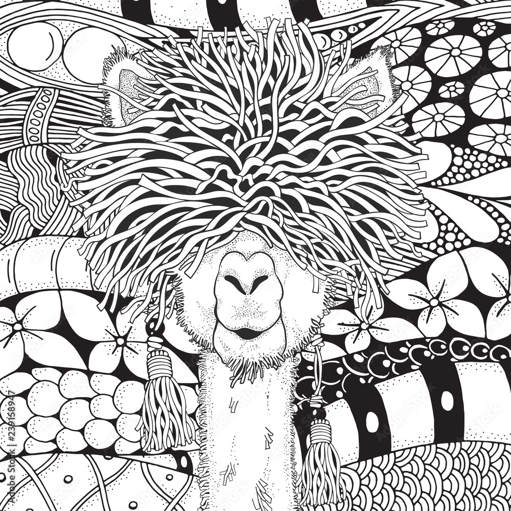 Coloring Book page for Adult and children. Llama in zentangle style ...