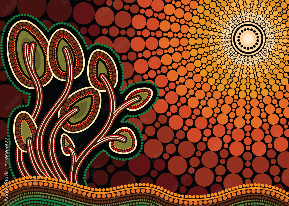 Tree on the hill, Aboriginal tree, Aboriginal art vector painting with ...