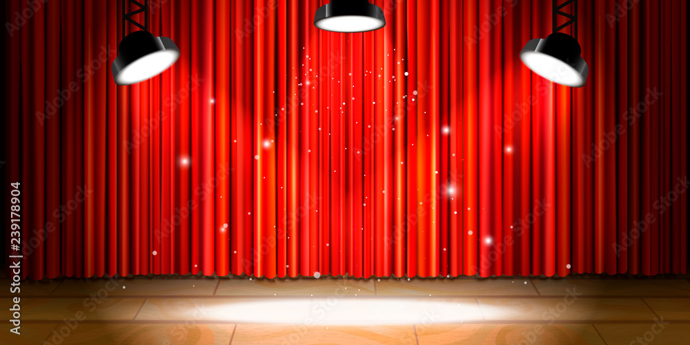 Empty beige wooden stage with red curtain drape and bright light Stock ...