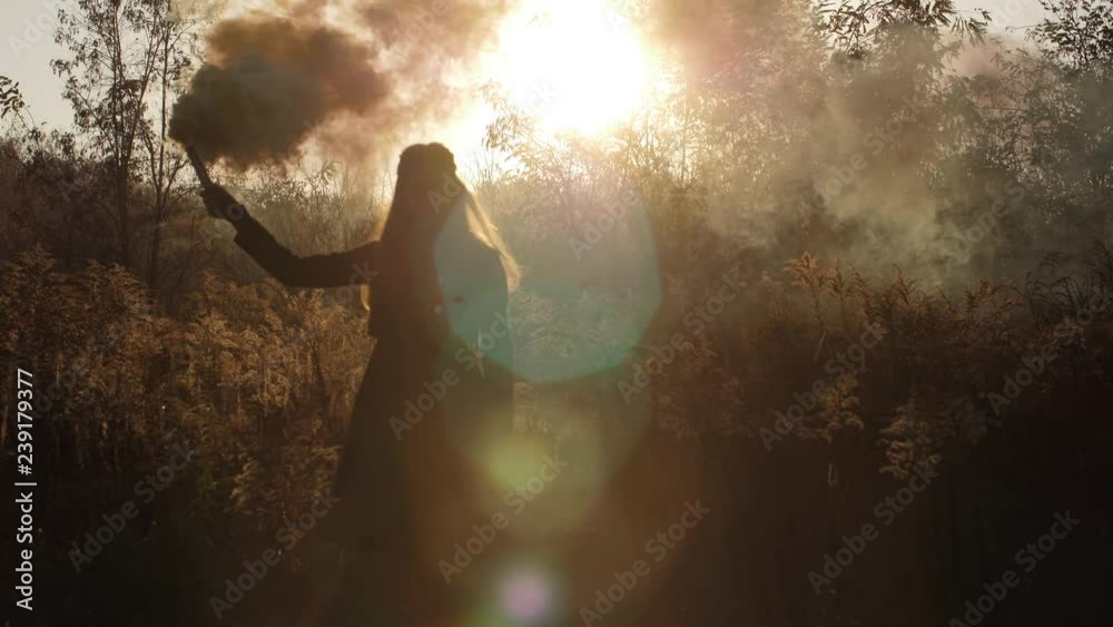 Fashion girl walking in field carrying smoke flares releasing clouds of ...