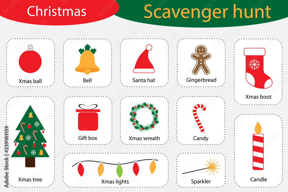 Scavenger hunt, christmas at home, different colorful pictures for ...