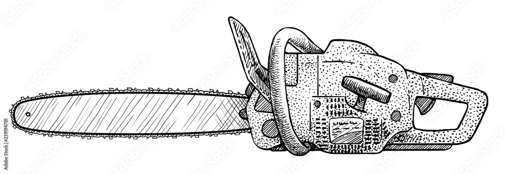 Chainsaw illustration, drawing, engraving, ink, line art, vector Stock ...