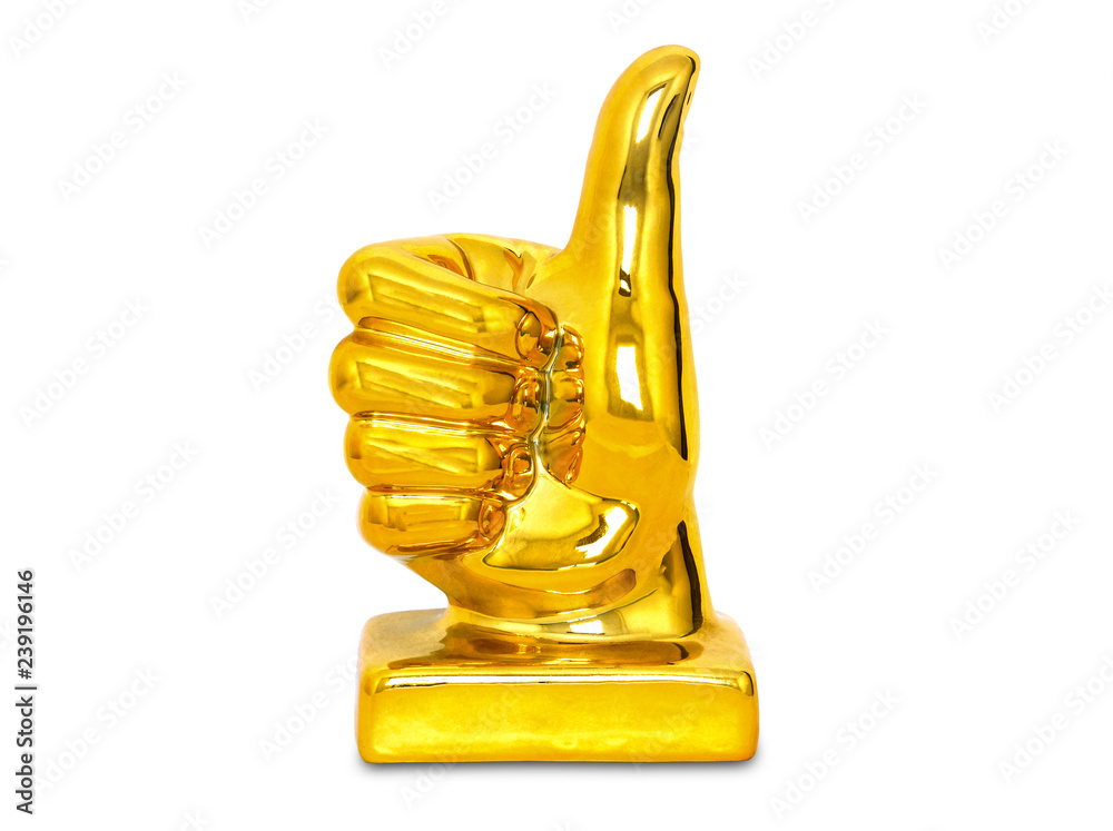 golden thumb up statue, isolated on white background Stock Photo ...