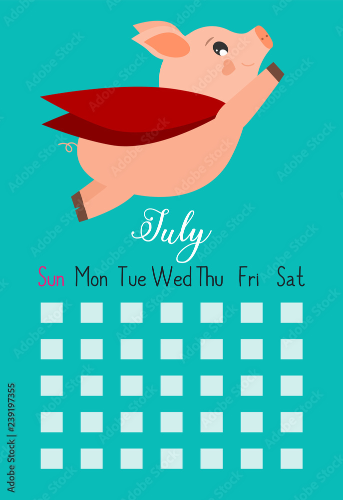Vector cartoon style illustration of July cute calendar page with pink ...