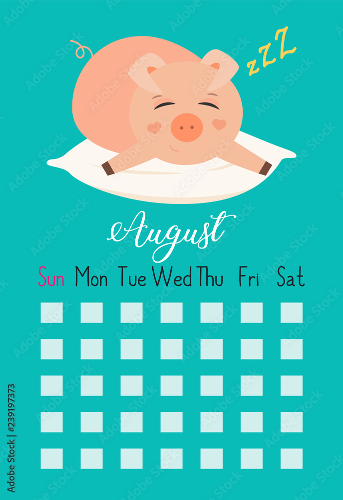 Vector cartoon style illustration of August cute calendar page with ...