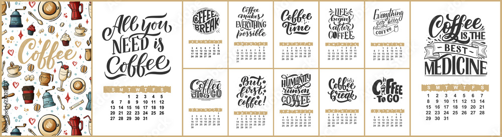 Vector calendar for months 2 0 1 9. Hand drawn lettering quotes for ...