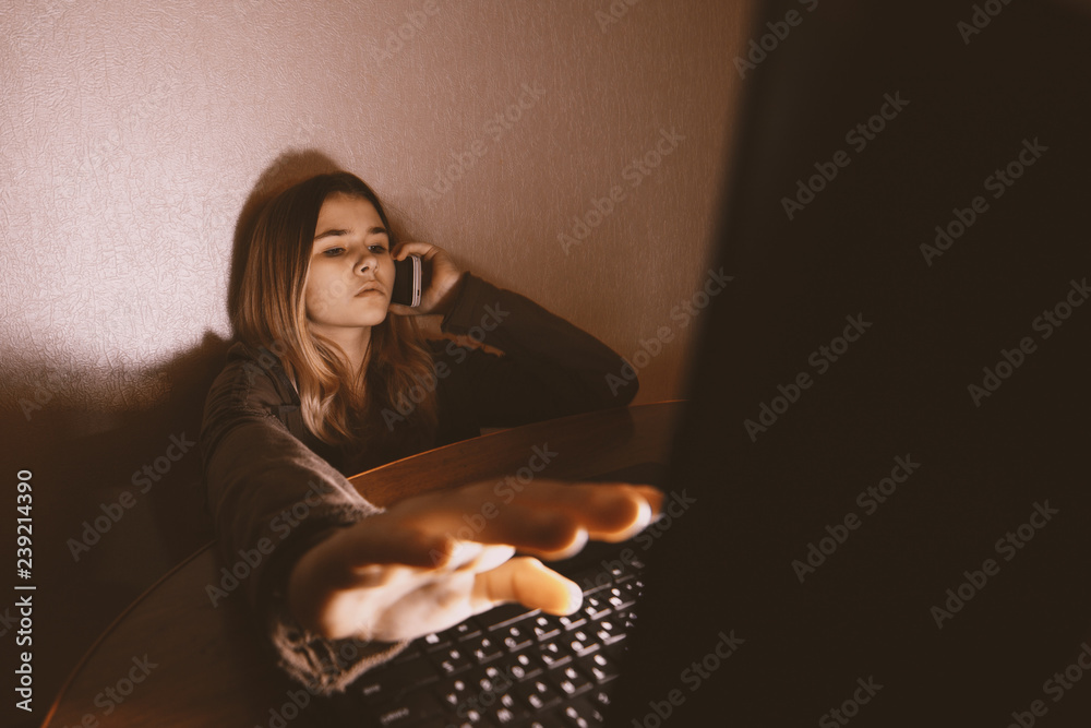 Teenager girl suffering internet cyber bullying scared and depressed ...