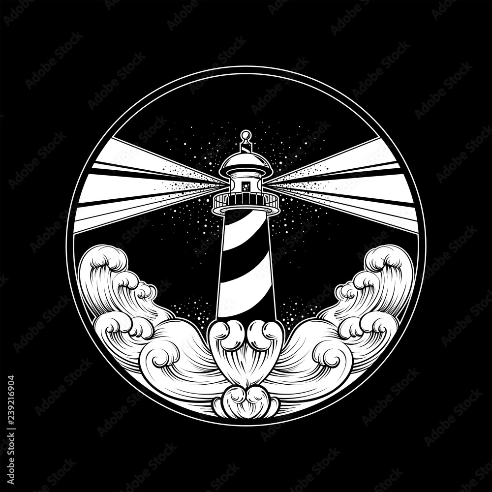 Vector hand drawn illustration of lighthouse with rays and waves ...