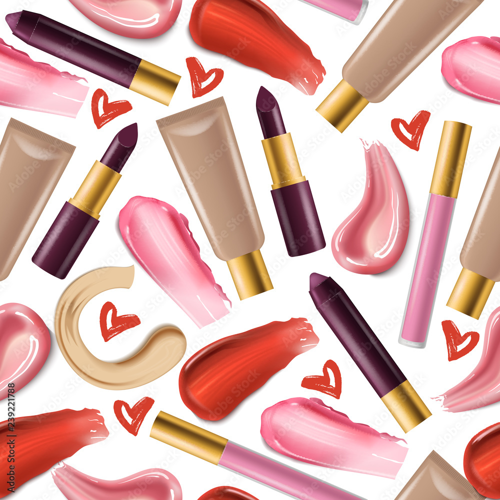 Lipstick seamless pattern vector beautiful red color fashion pink ...
