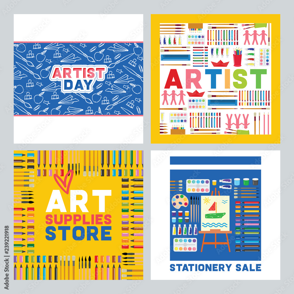 Art supplies vector studying in art-school with artist tools watercolor ...