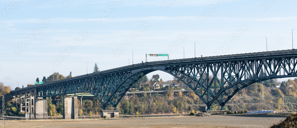 Ross island bridge in Portland, Oregon. Arc shaped cantilever truss ...