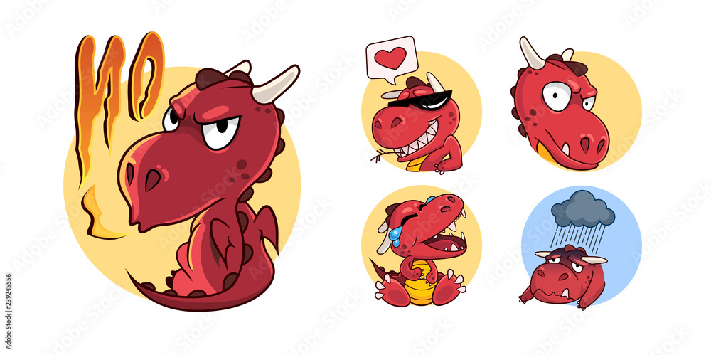 Funny red dragon set in cartoon style. Different emotions and poses ...