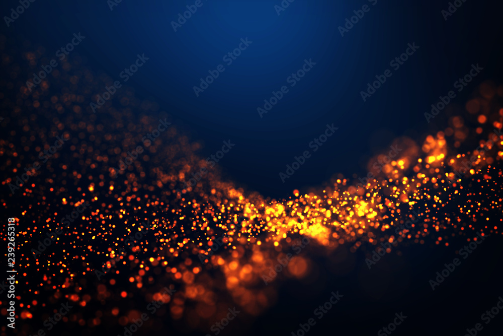 Golden fire particles trail wave blur on dark blue gradient background ...
