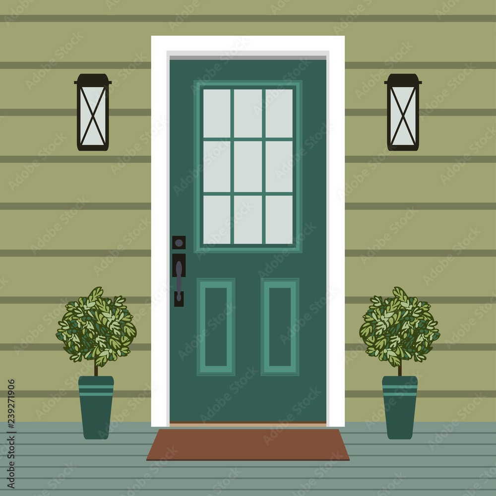 House door front with doorstep and mat, window, lamp, flowers, building ...