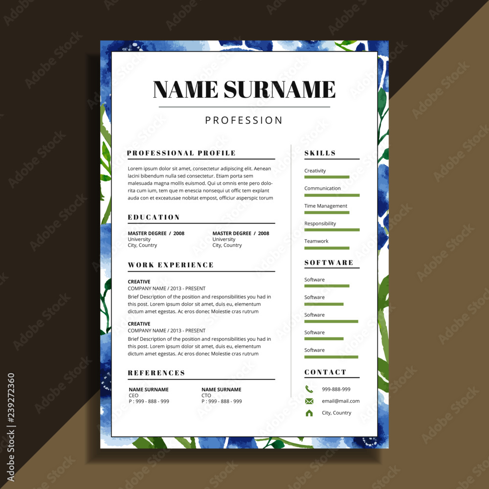 watercolor floral resume cv template design Stock Vector | Adobe Stock