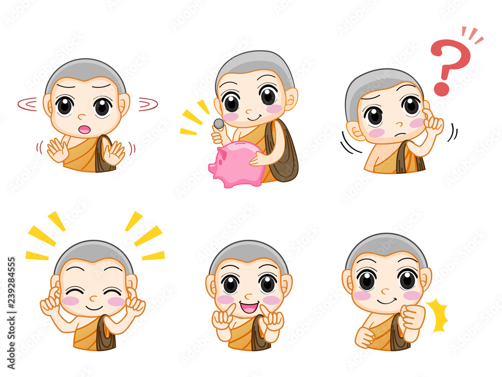 Set Of Little Cute Monk Cartoon Character Concept Flat Design Vector