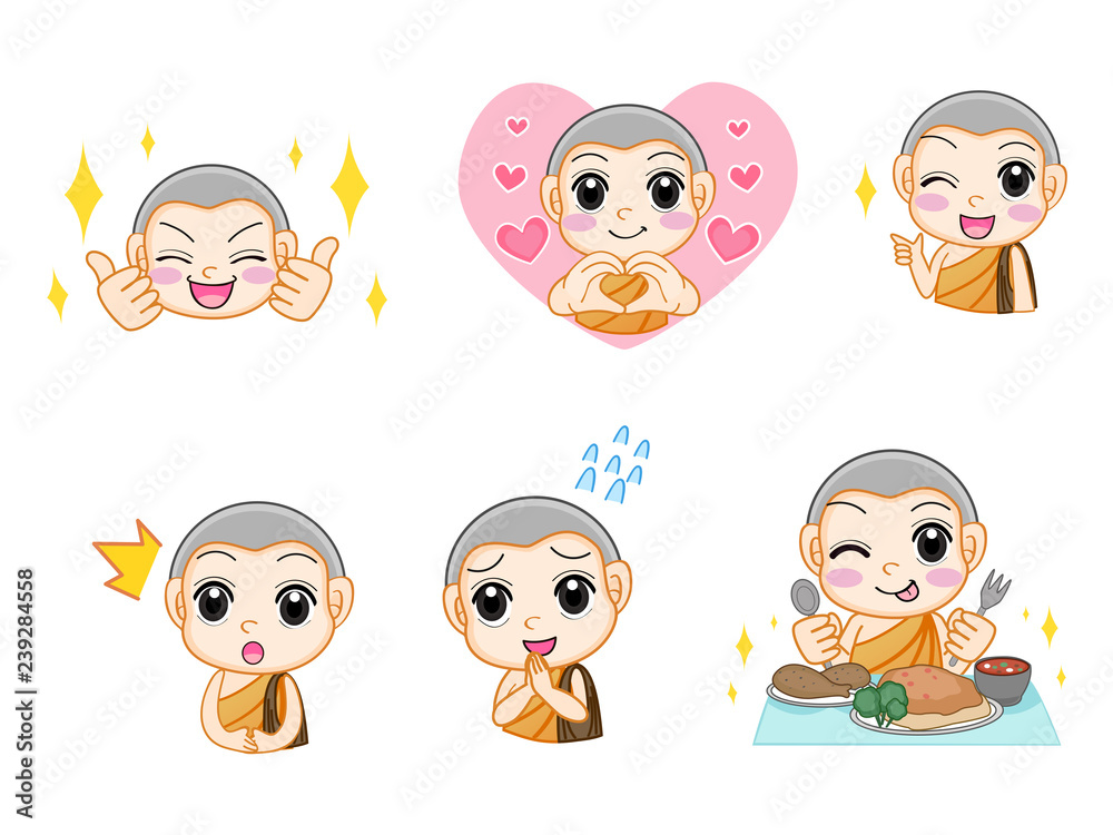 Set of little cute monk, Cartoon Character Concept, flat design vector ...