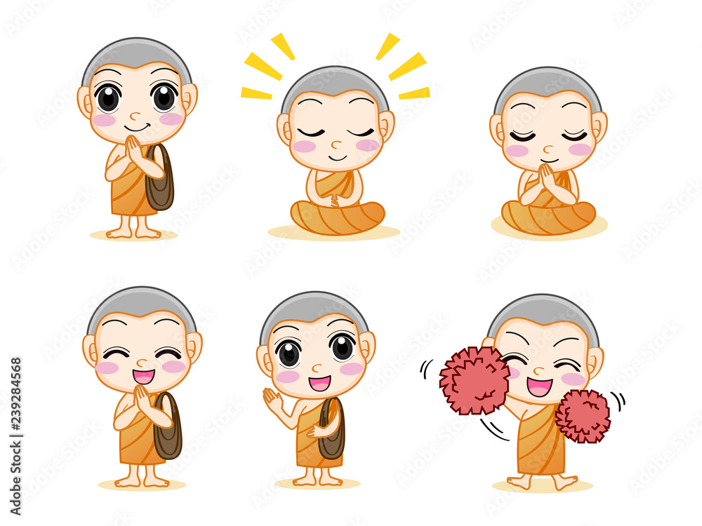 Set of little cute monk, Cartoon Character Concept, flat design vector ...
