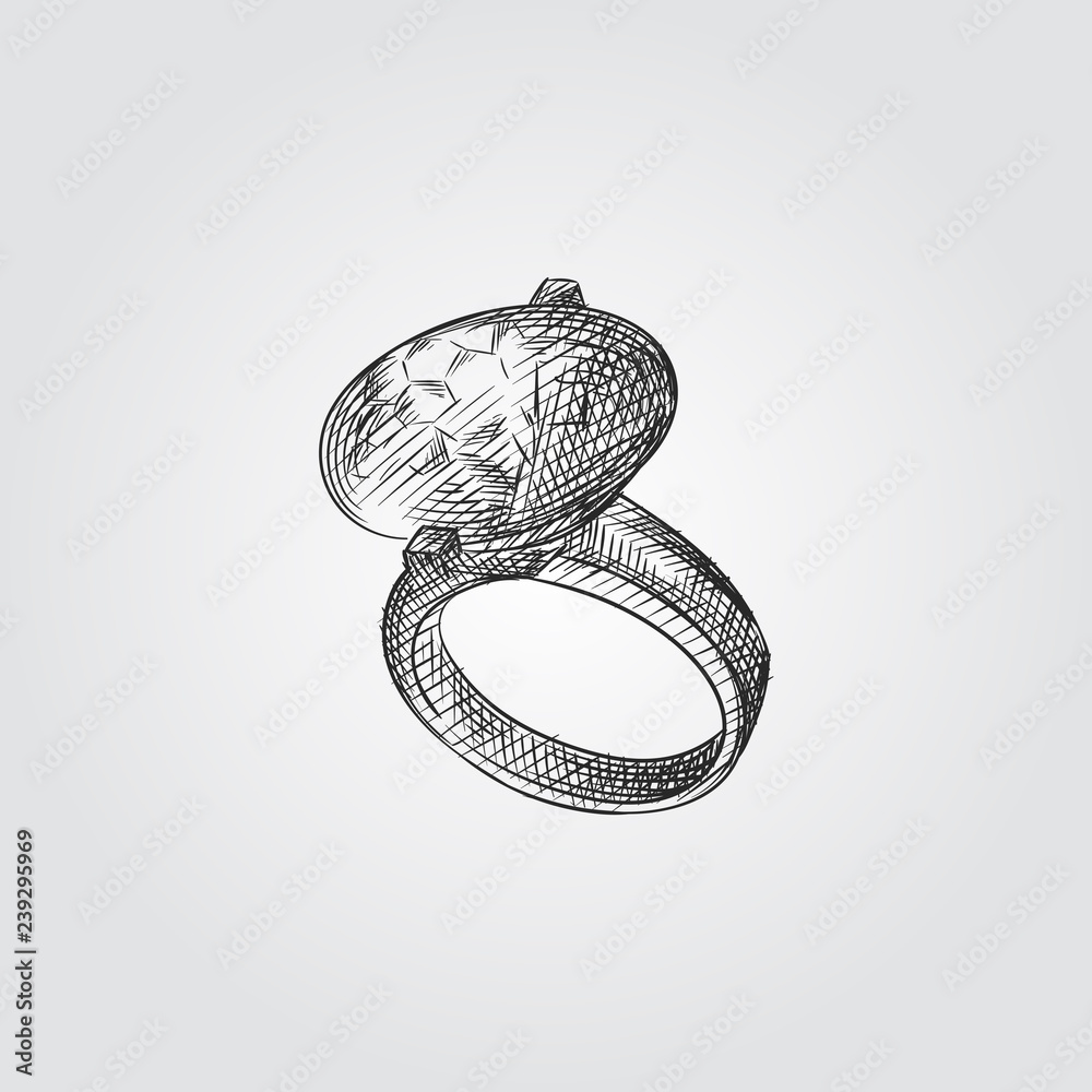 Hand Drawn Ring with a big diamond Sketch isolated on white background ...