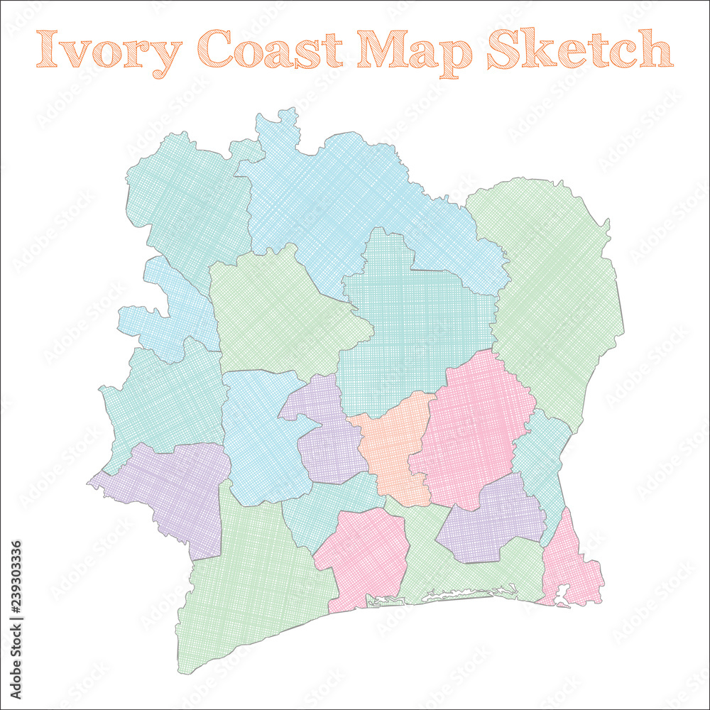 Ivory Coast map. Hand-drawn country. Delicate sketchy Ivory Coast map ...
