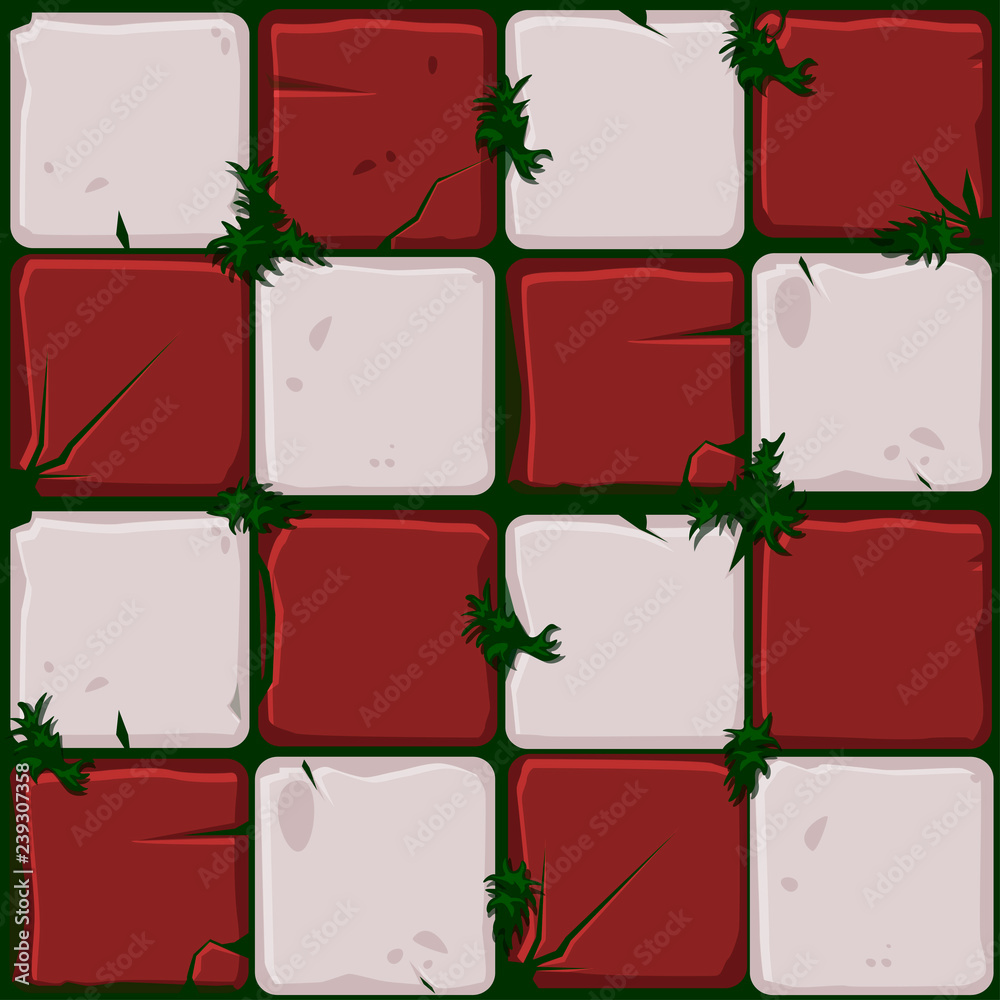 Texture of red stone tiles, seamless background stone wall and grass ...