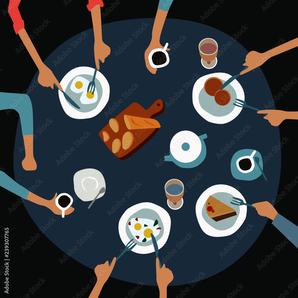 Family dinner top view illustration. Dinner table background. Vector ...