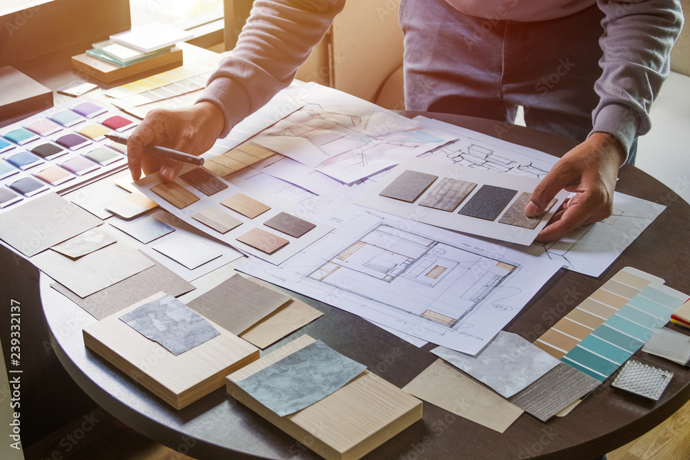 Architect designer Interior creative working hand drawing sketch plan ...