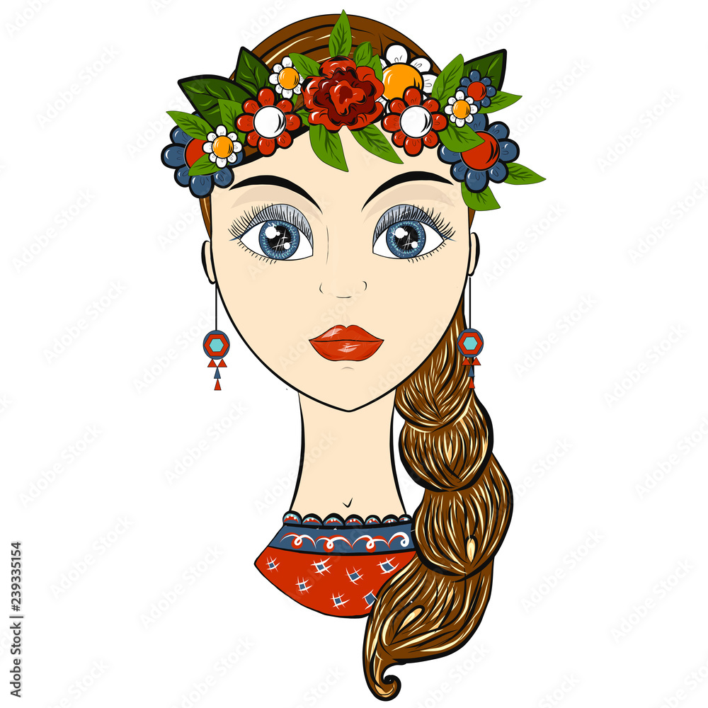 Vector. Beautiful Russian girl in national clothes, isolated portrait ...