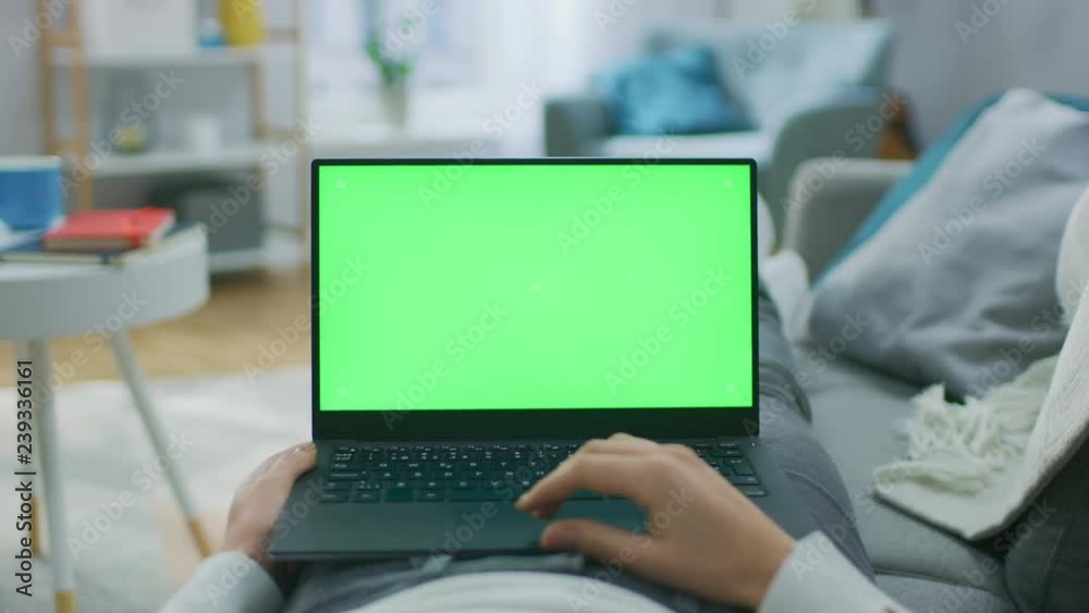 Woman at Home Lying on a Couch using Laptop Computer with Green Mock-up ...