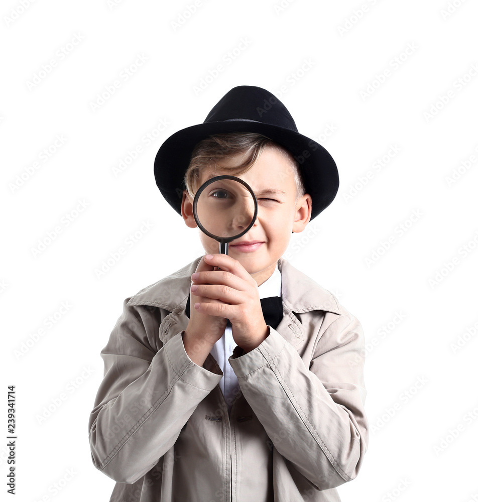 Cute little detective with magnifying glass on white background Stock ...