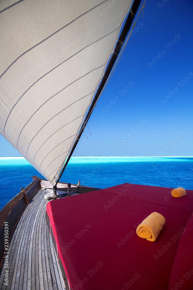Sailing in traditional dhoni, Maldives, Indian Ocean, Asia Stock Photo ...