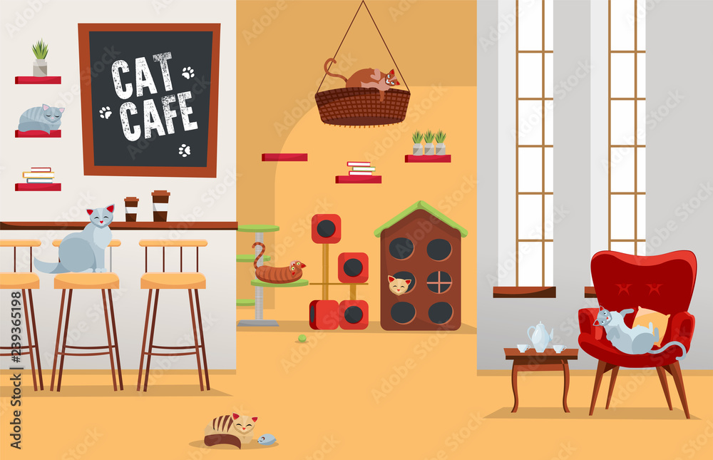 Interior cat cafe. Cozy place with coffee and many cats in armchairs ...