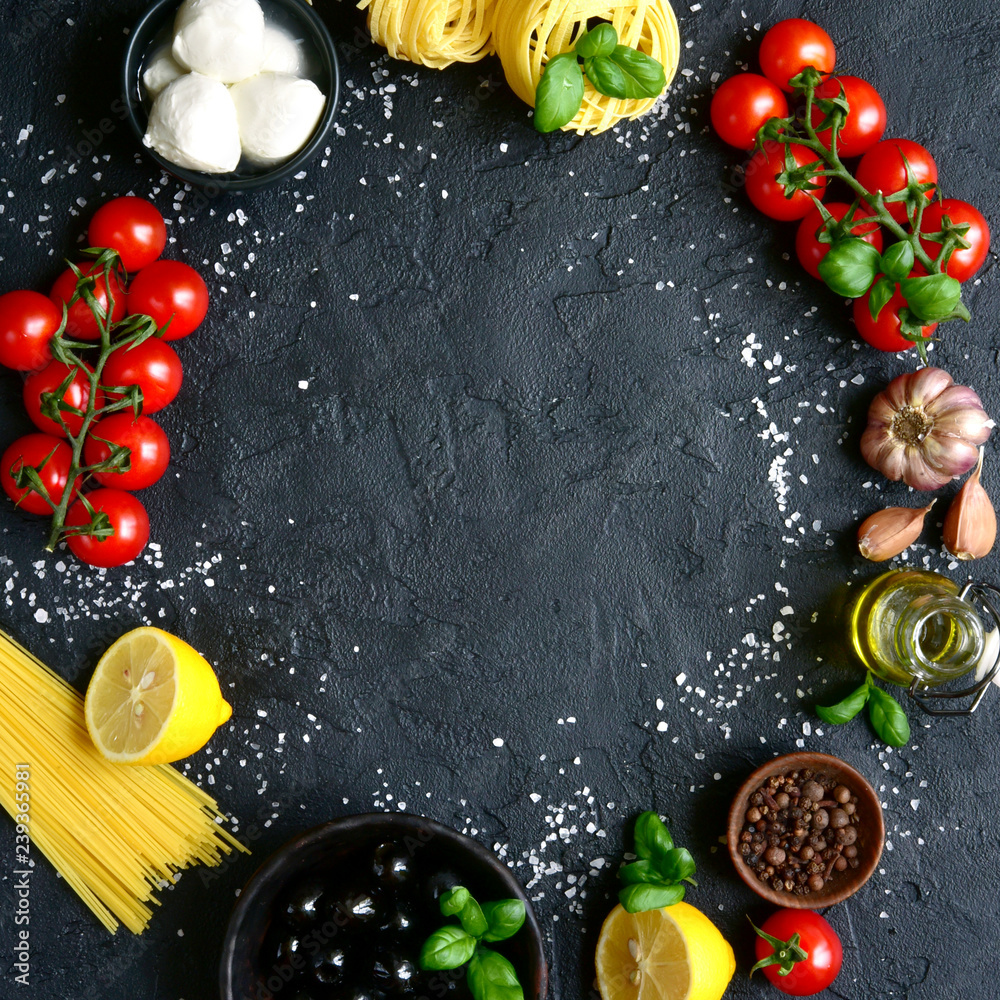 Food background with traditional ingredients of mediterranean cuisine ...