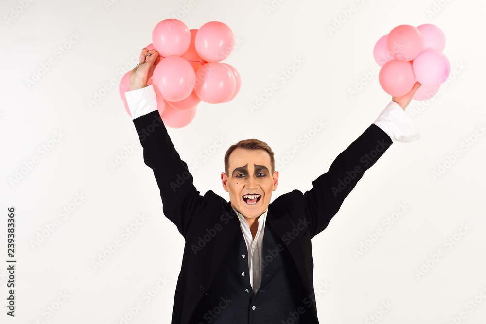 Best day ever. Balloon artist. Holding festive celebration. Mime man ...