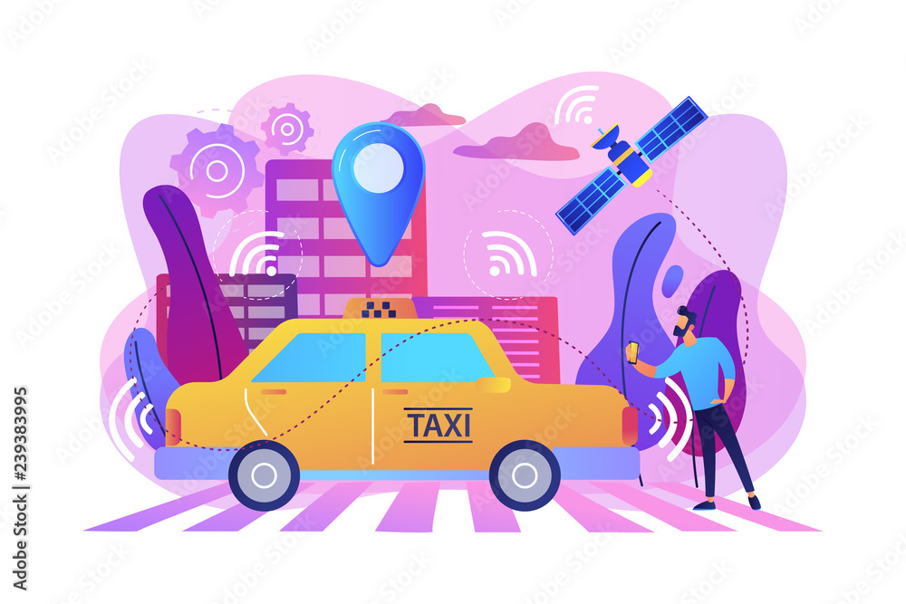 Businessman with smartphone taking driverless taxi with sensors and ...
