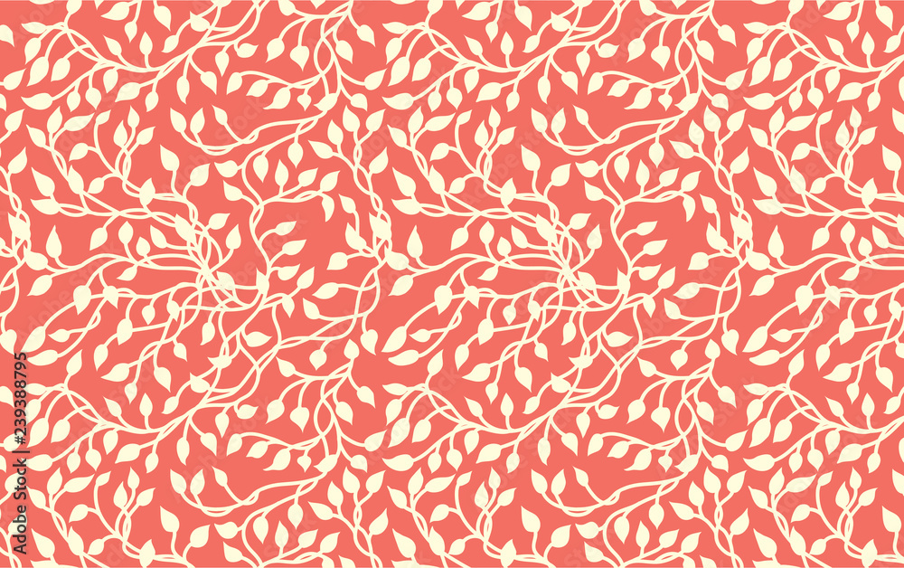 Pretty ivy vines in white on coral pink background in a hand drawn ...