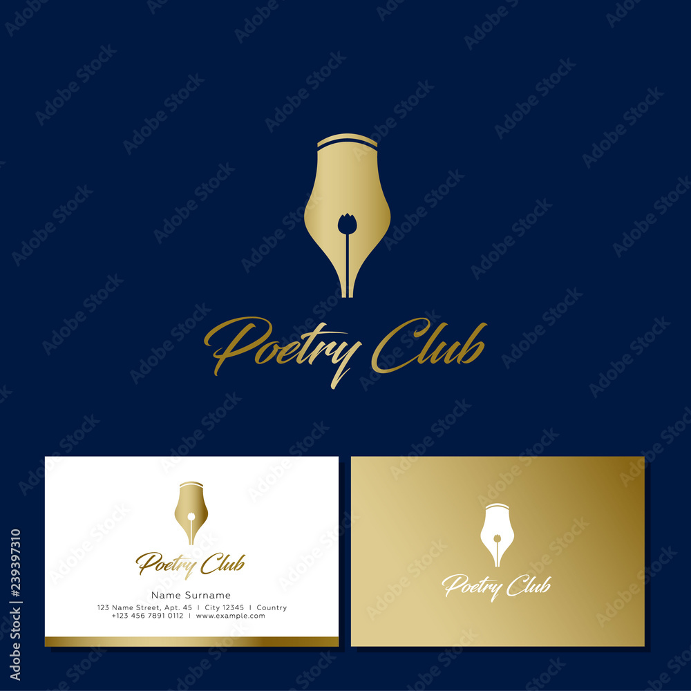 Poetry club logo. Golden pen and handwritten letters. Business card ...