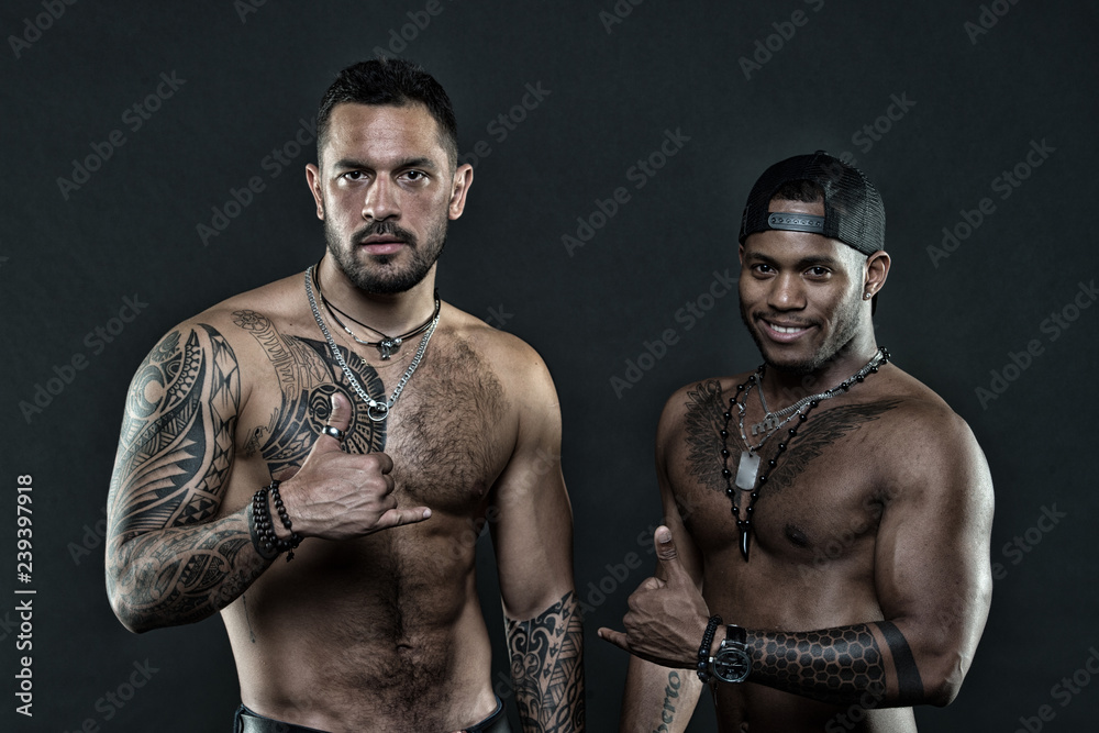 Tattoo culture concept. Tattoo brutal attribute. Men brutal attractive ...