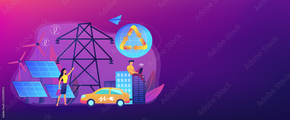 Business people use clean renewable electric energy in the city ...