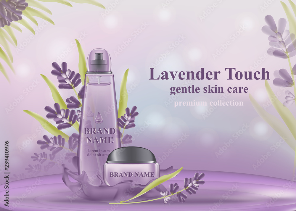 Cosmetic banner with 3d realistic bottles for skincare cream, body ...