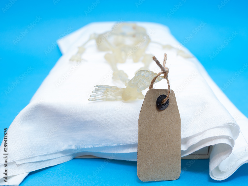 blank tag label on a human body corpse skeleton in morgue laying on ...