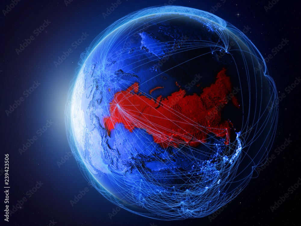 Russia from space on planet Earth with blue digital network ...