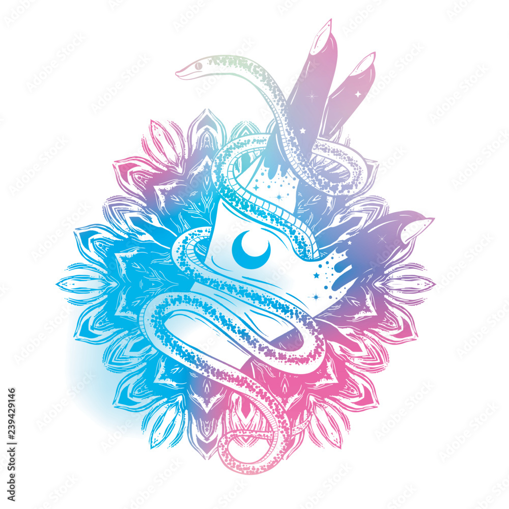 Hand with snake at abstract mandala on background. Decorative drawing ...