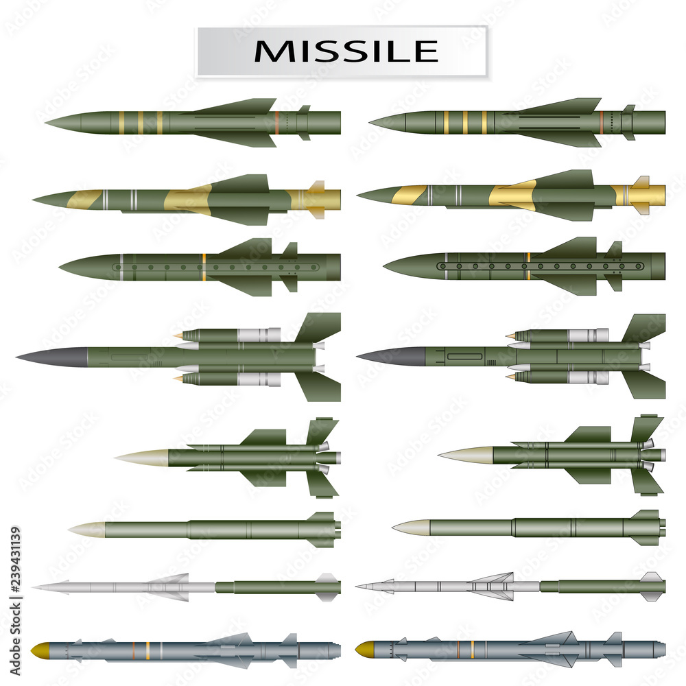 Set of missiles and ballistic rocket warhead isolated on white ...