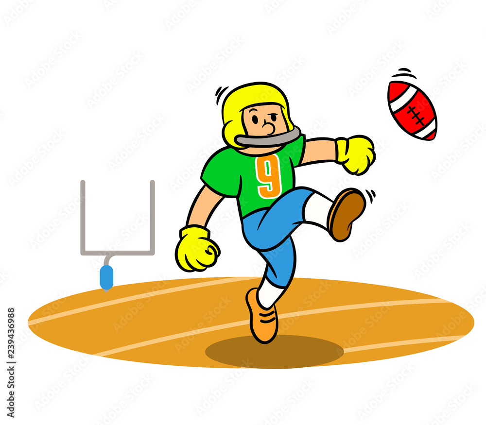Cartoon American Football Player Kicking Ball On The Field Stock Vector ...