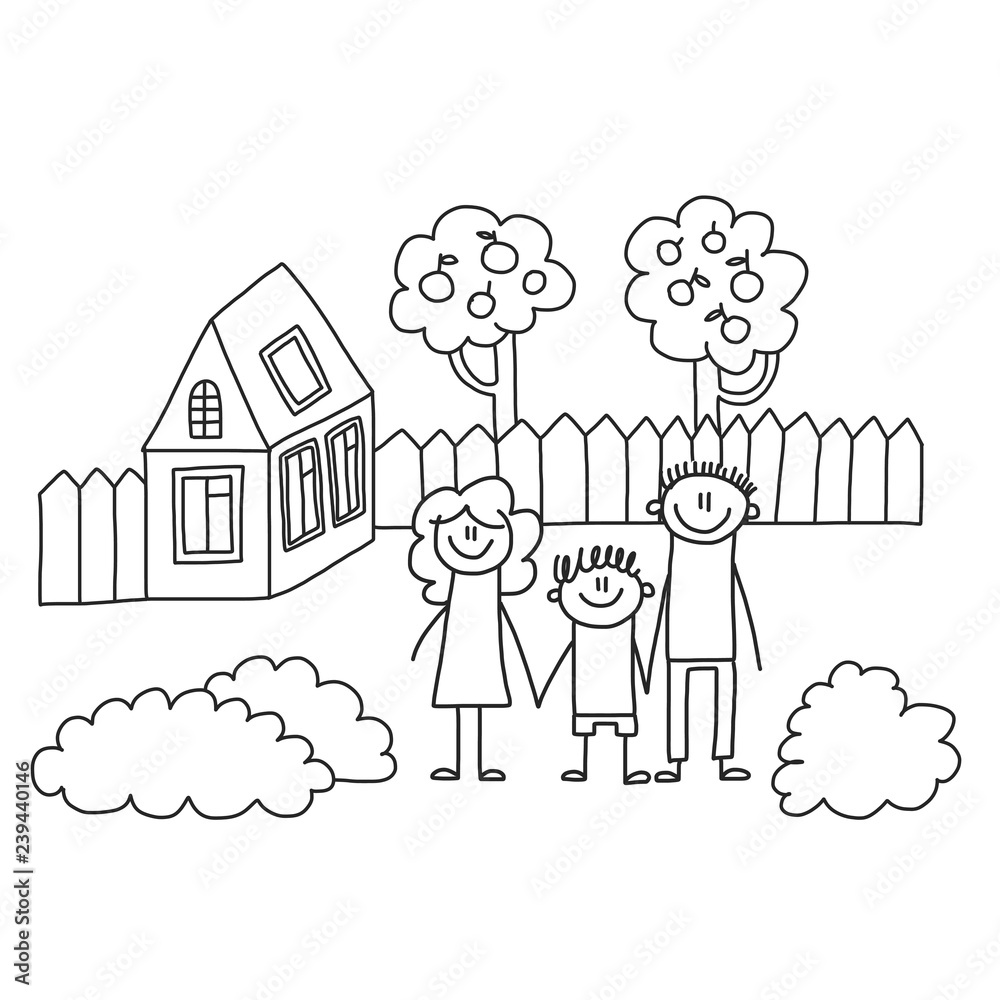 Happy family with children. Kids drawing style vector illustration ...