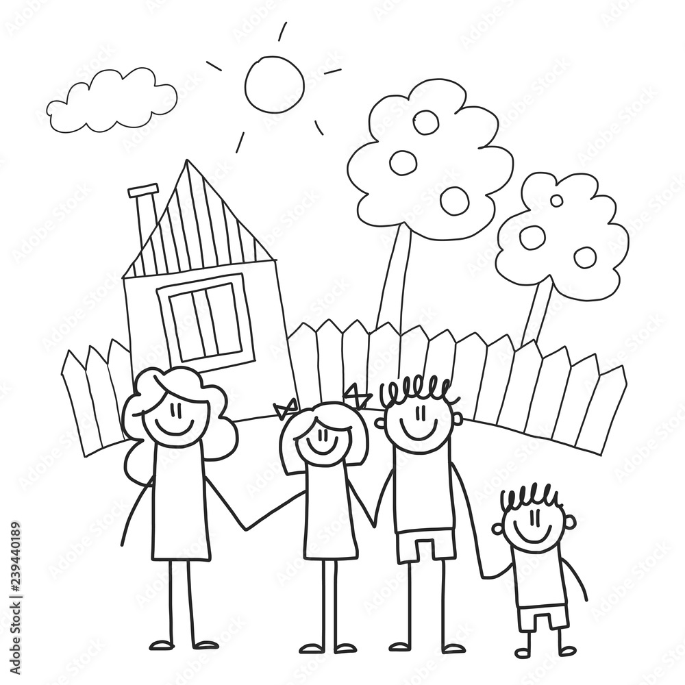 Happy family with children. Kids drawing style vector illustration ...