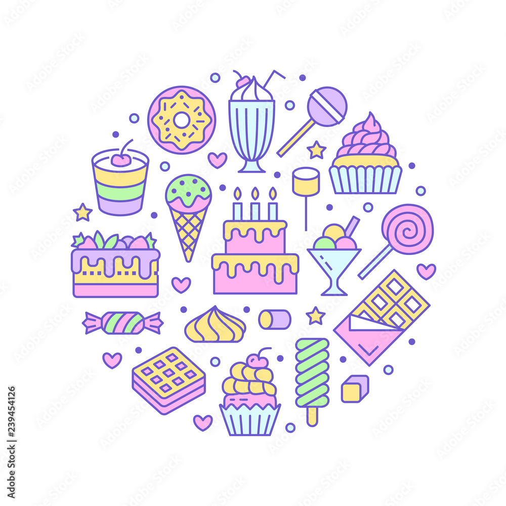 Sweet food round poster with flat line icons. Pastry vector ...